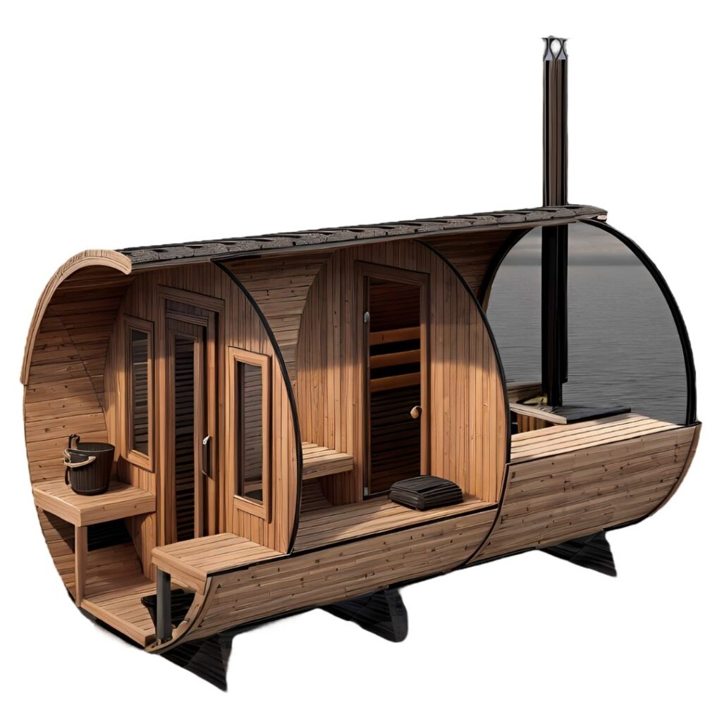 Fasssauna mit Länge 400 cm Premium DeLux PANORAMA aus Thermoholz ...